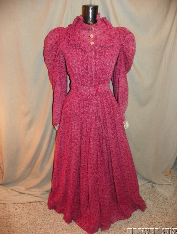 Victorian 1890s DAY Dress Burgundy Dot Print name In M Sentimental Value